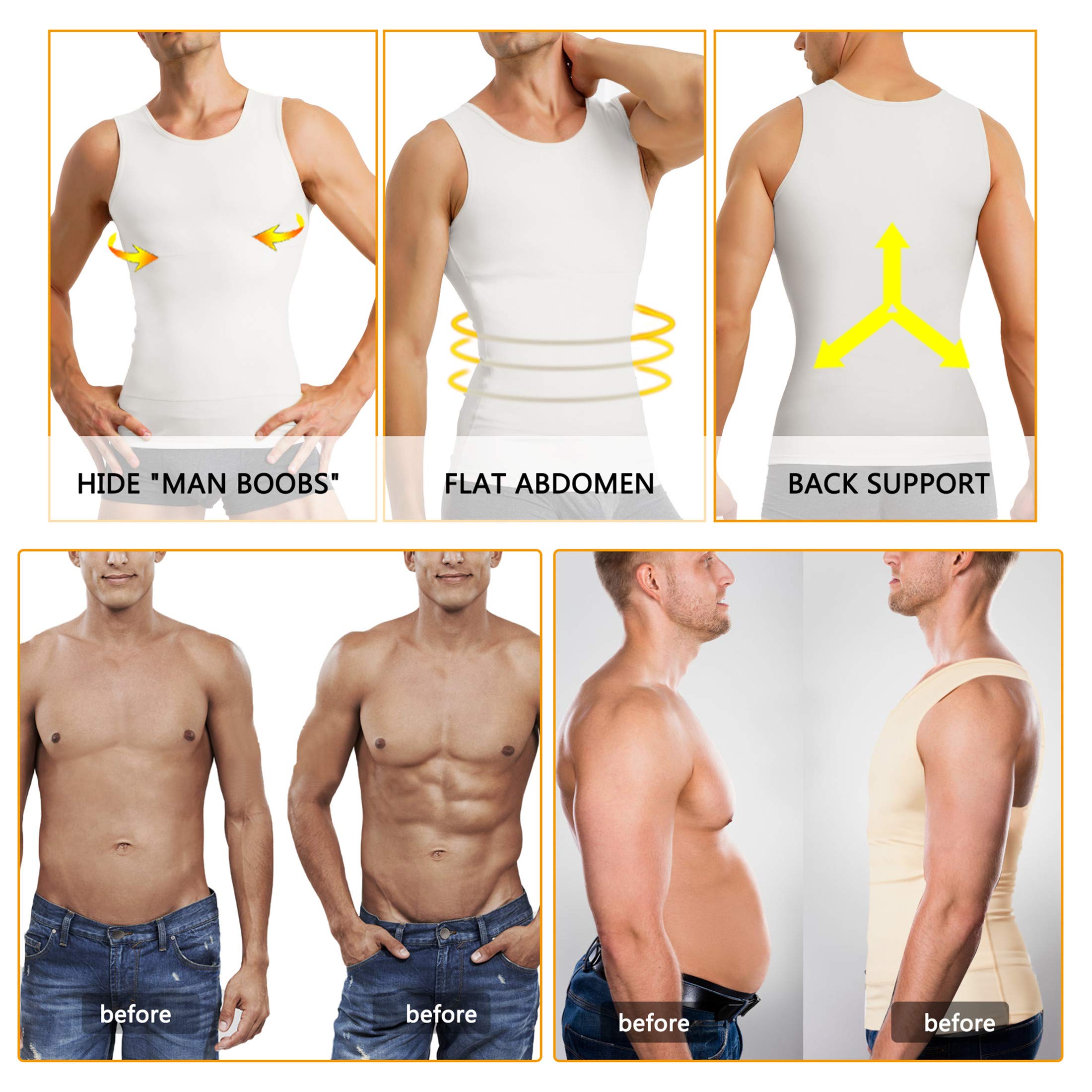 TAILONG Compression Shirt for Men Slimming Body Shaper Sport Vest Workout Tank Top Athletic Undershirt (White, X-Large)