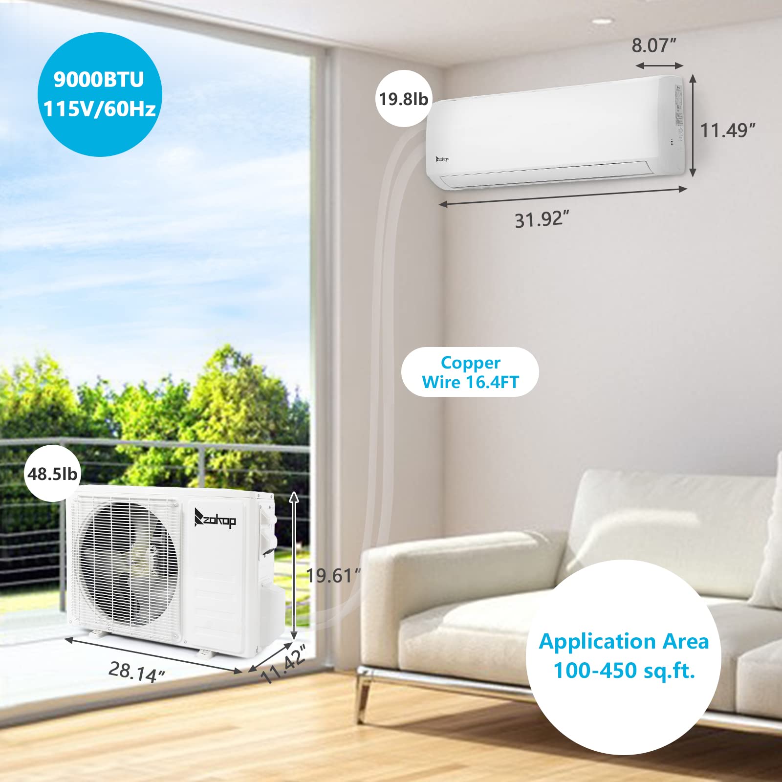 Winado 9,000 BTU Mini Split Air Conditioner Inverter, 19 SEER 115V Energy Saving Split-System AC w/Pre-Charged Condenser, Heat Pump, WIFI Remote Control, Installation Kit, Cools Up to 450 Sq. Ft.