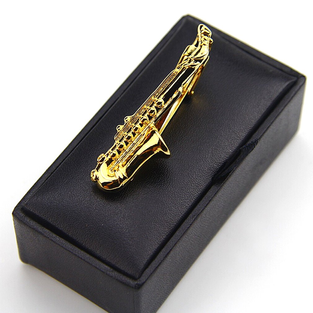 ZUNON Saxophone Tie Clips Sax Tie Bar Tacks Mens Silver Golden Tone Music instrument Tie Clasps Musician Gifts