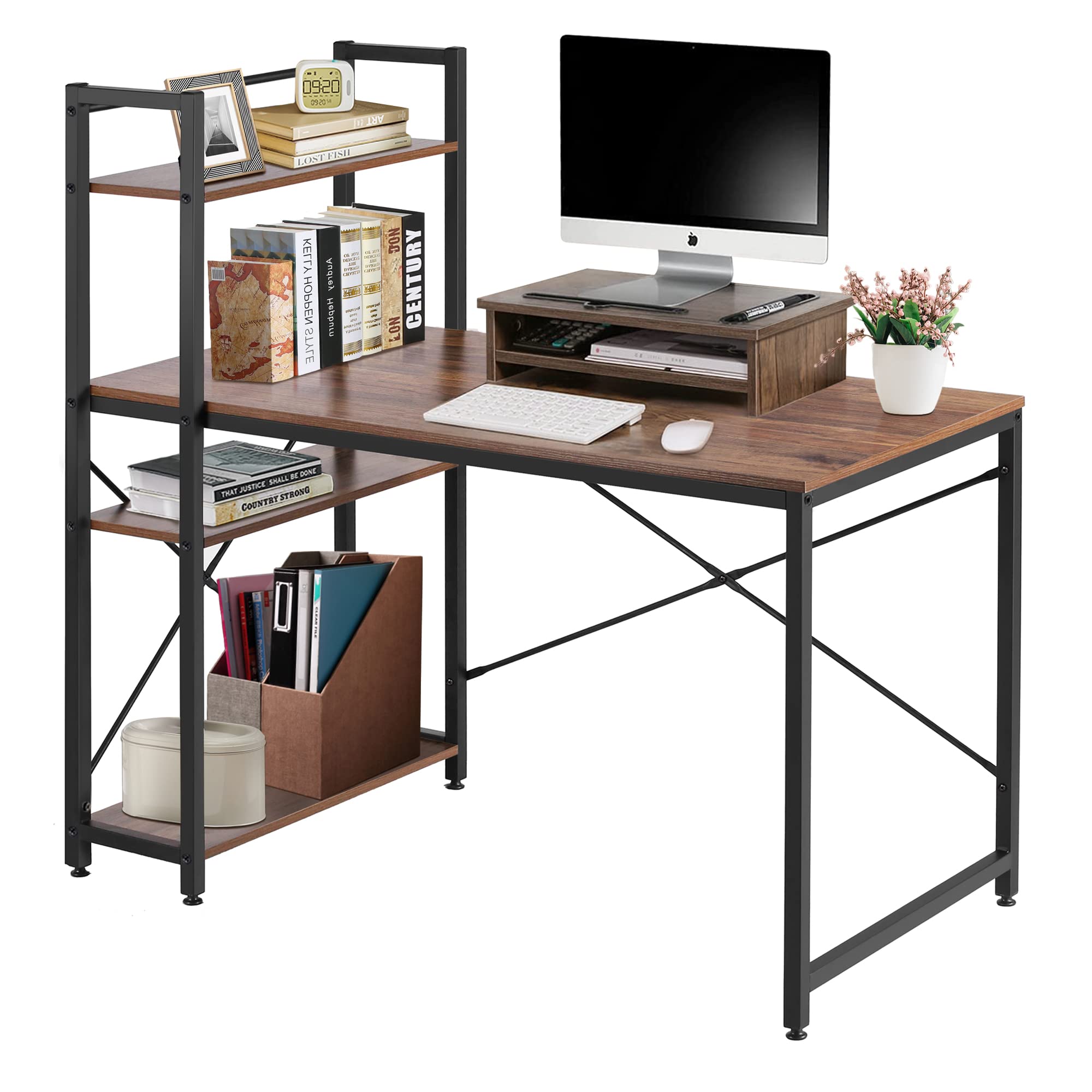 VECELO Computer Desk with Storage Shelves 47 inch Study Writing Gaming Table with 4-Tier Bookshelf Space-Saving Design,Multipurpose Home Office Workstation, Brown