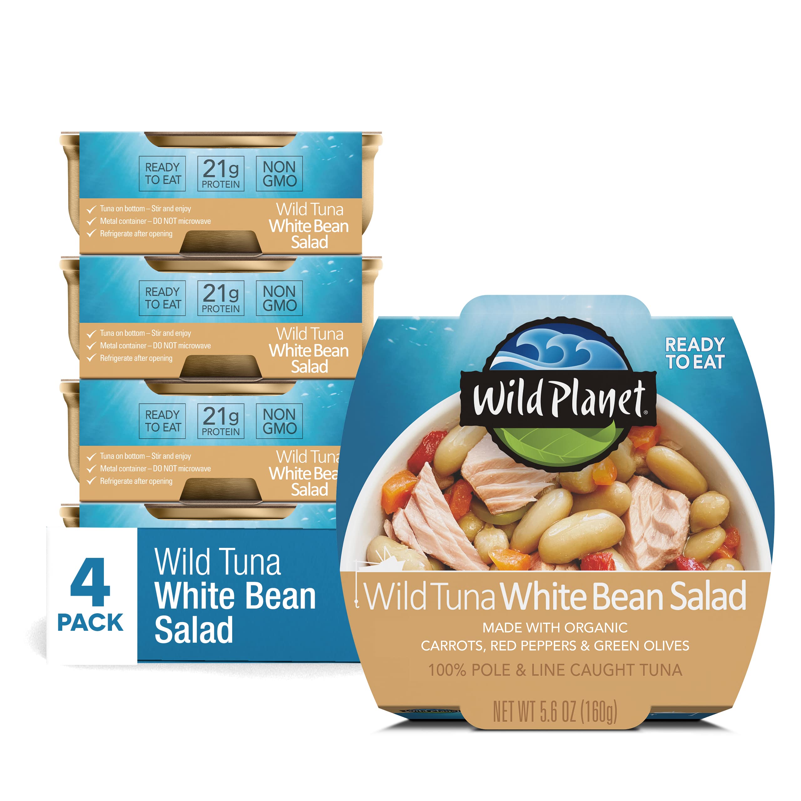 Wild Planet Ready-To-Eat Wild Tuna White Bean Salad With Organic Chickpeas, Carrots, Red Peppers & Green Olives 5.6oz, Pack Of 4
