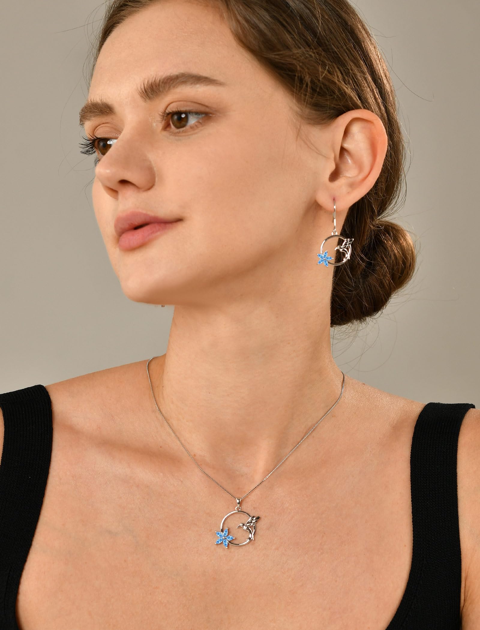 YL Hummingbird Hook Earrings Sterling Silver Flowers Dangle Drop Earrings Created Aquamarine Jewelry Women