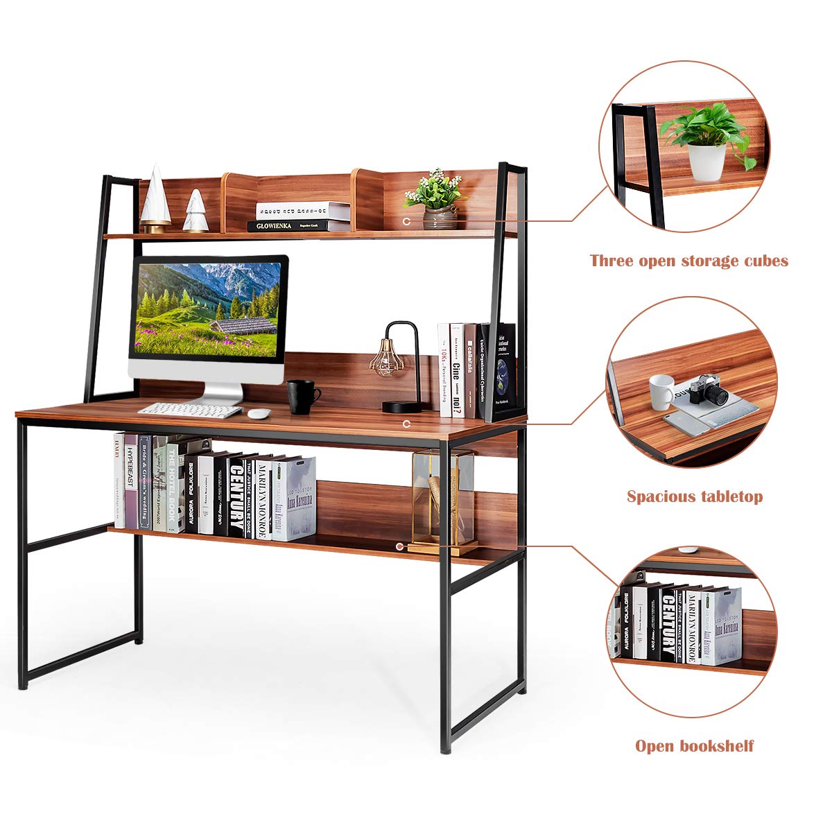 Tangkula Computer Desk with Hutch & Bookshelf, 47 Inches Space Saving Writing Study Table Home Office Desk, PC Laptop Table Workstation with w/ 3 Open Storage Space & Bottom Bookshelf (Brown)