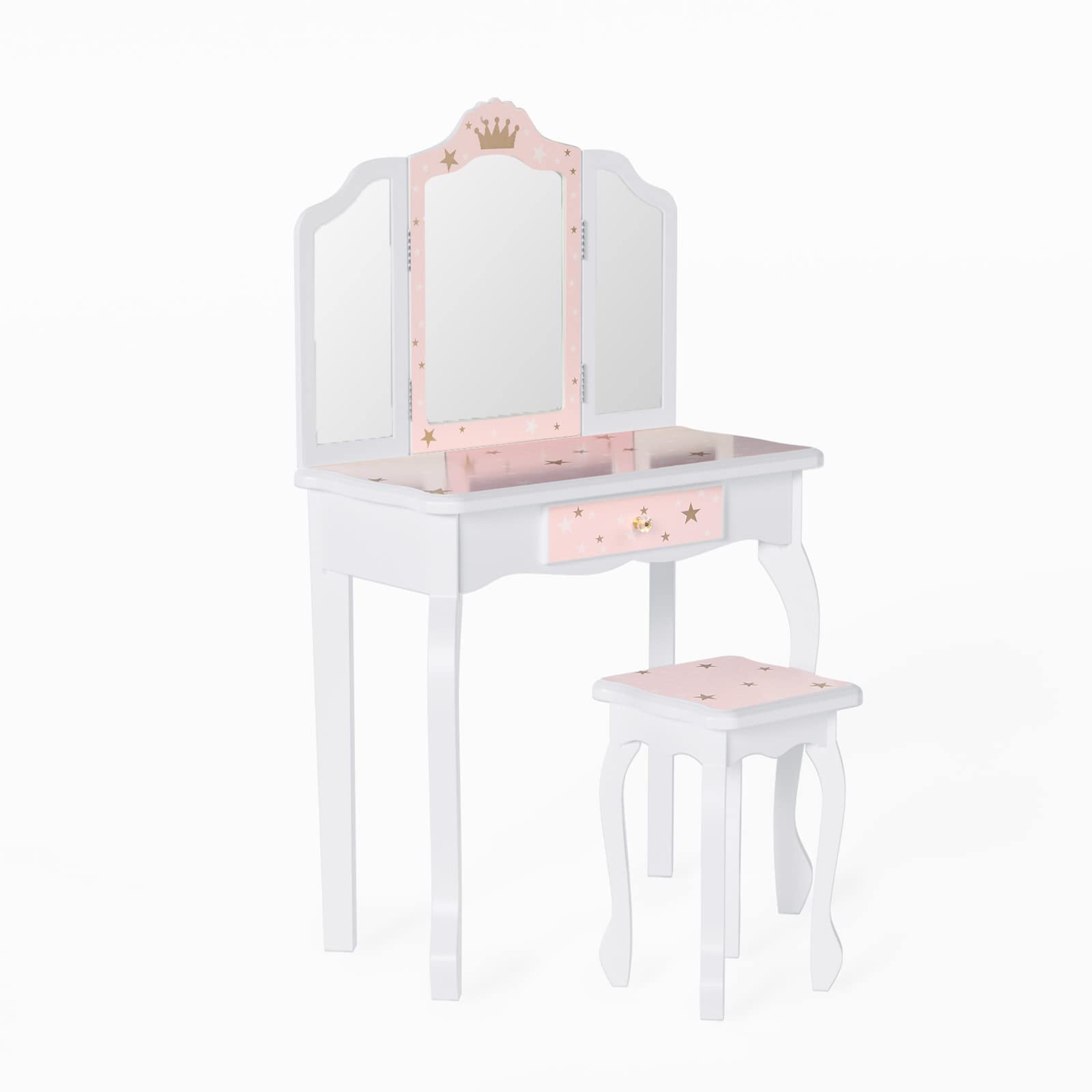 VALUE BOX Kids Vanity Table and Stool for Makeup Dressing with Mirrors Drawers, White Pink