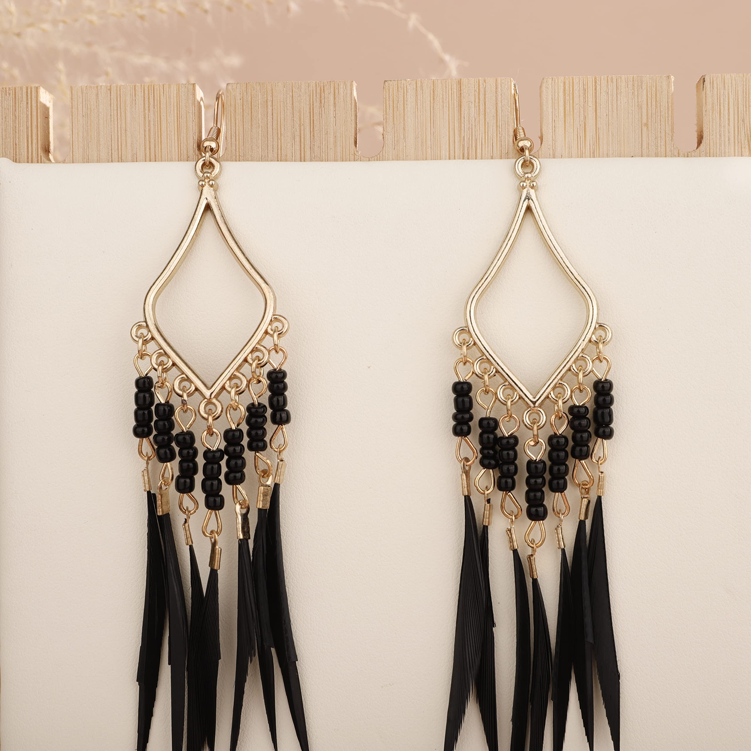 YERTTER Gold Long Dangle Bohemian Black Fake Feather Tassel Dangle Beads Earrings Halloween Tassel Earrings Light Feather Vintage Hook Ear Accessories Gift for Women Girls (Style 1)