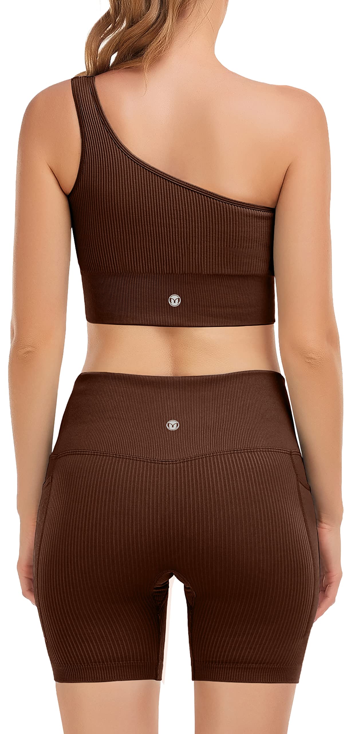 Yoga Workout 2 Piece Seamless Sets with Ribbed Design for Women, No Sleeves with One Shoulder Straps Top