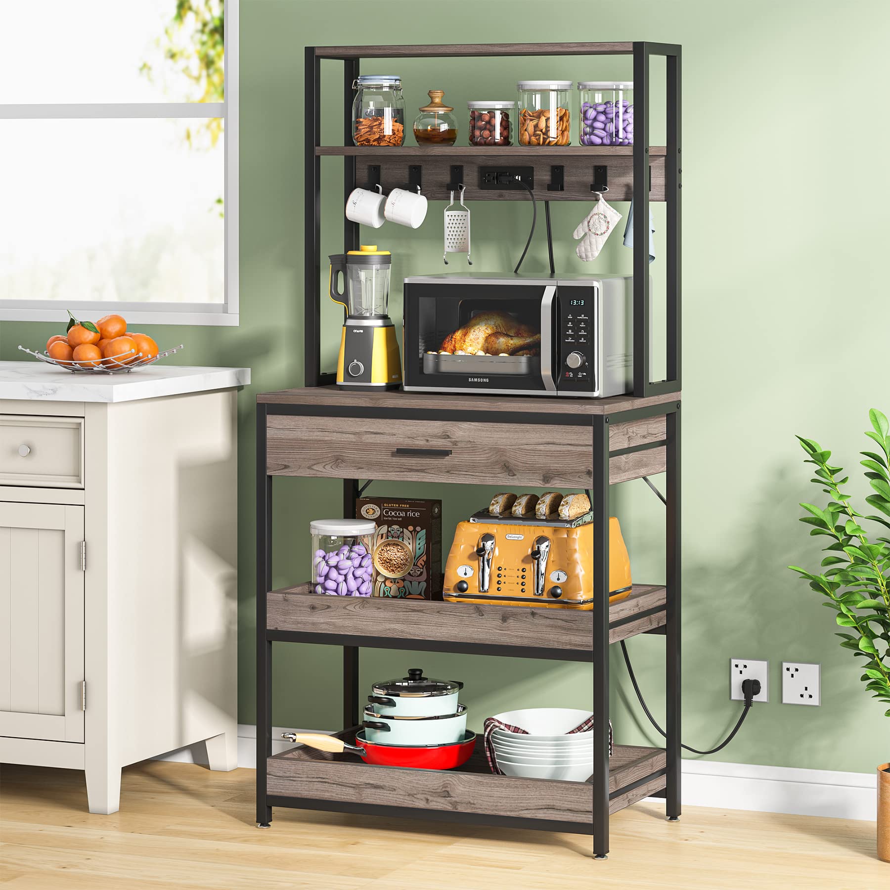 Tribesigns Kitchen Bakers Rack with Power Outlets, 5-Tier Microwave Oven Stand with Drawer and Sliding Shelves, Freestanding Coffee Bar, Kitchen Storage Shelf Organizer with 6 Hooks, Grey