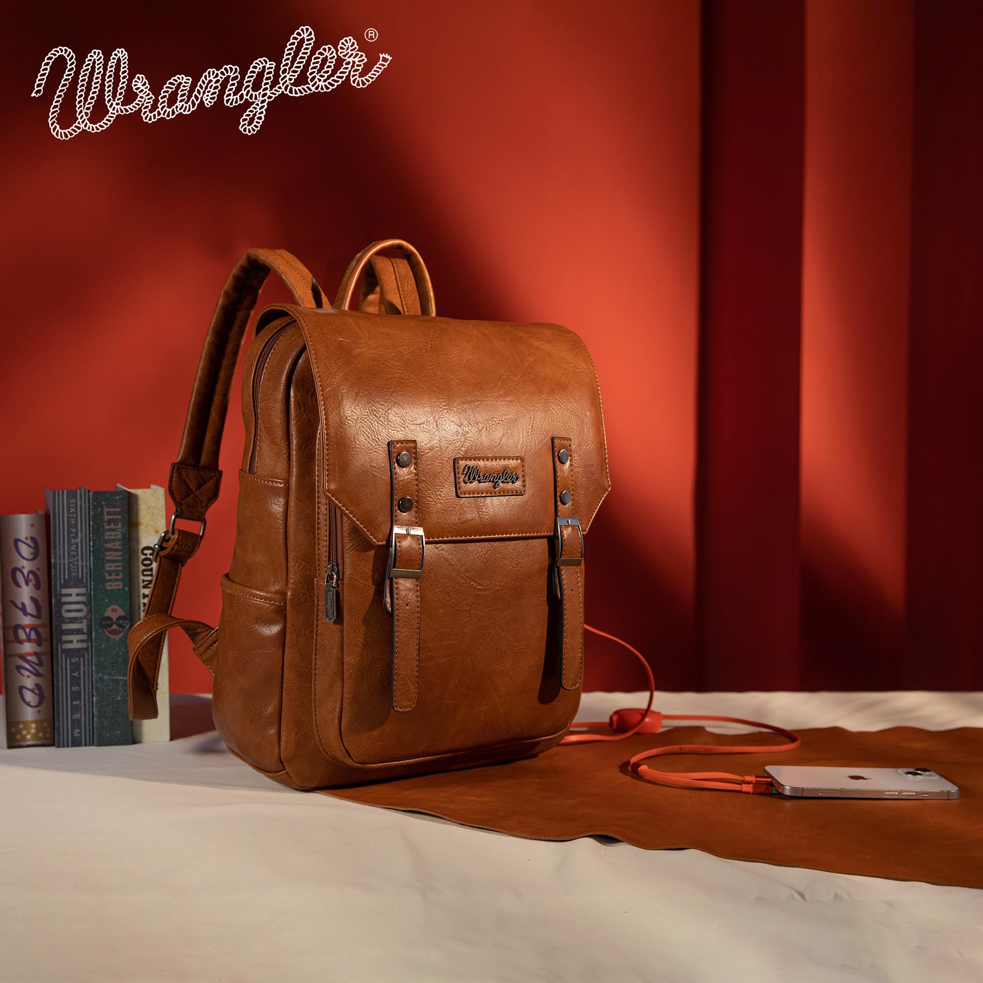 Wrangler PU Leather Backpack for Women & Men Business Travel Backpack College Vintage Laptop Brown Backpack with Charger