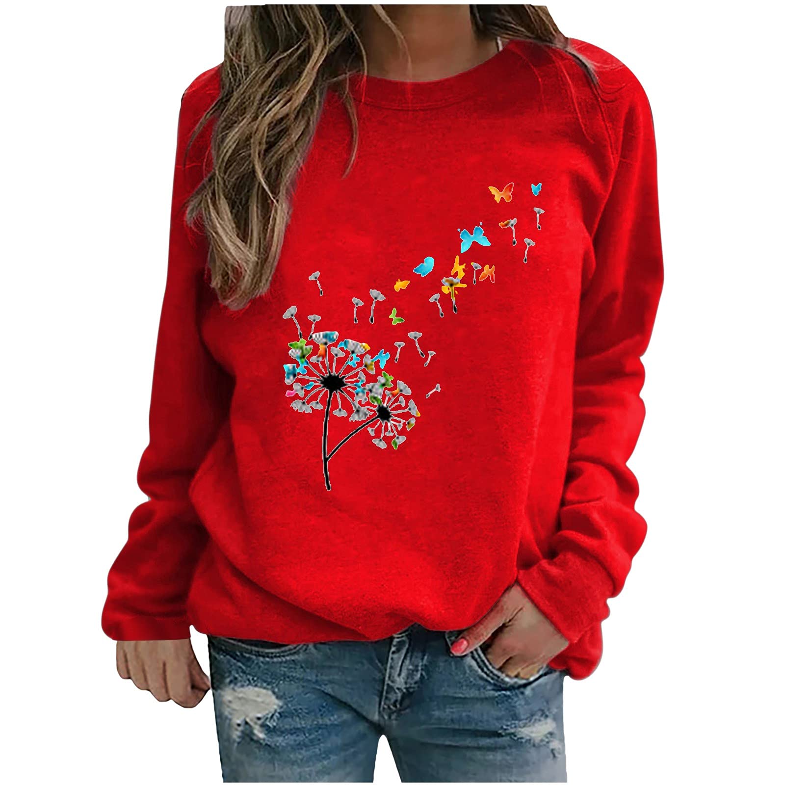 Wirziis Fashion Women Crewneck Sweatshirt, Fall Long Sleeve Casual Loose Fit Floral Design Comfy Active Pullover Sweater Tops