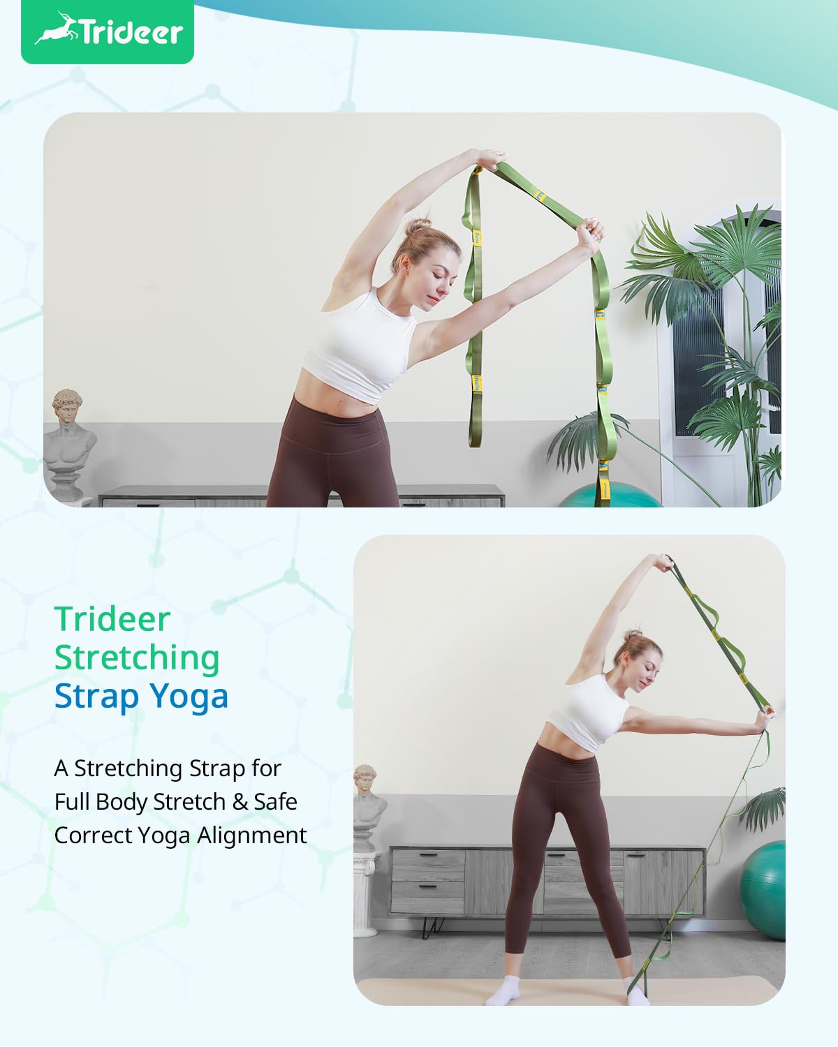 Trideer Stretching Strap with 10 Loops & Non-Elastic Yoga Strap for Stretching&Hamstring & Leg Stretch Strap for Physical Therapy, Flexibility- [Designed with Letters & Inspirational Remarks]