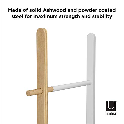 Umbra Hub Ladder β Adjustable Clothing Rack for Bedroom or Freestanding Towel Rack for Bathroom | Expands from 16 to 24 inches with 4 Notched Hooks, White/Natural