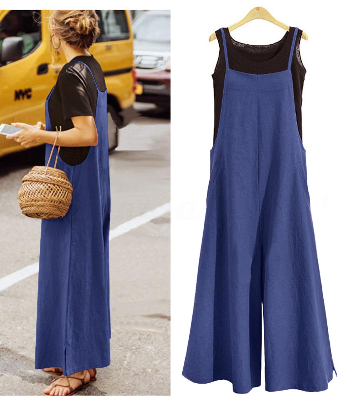 YESNO Women Casual Loose Long Bib Pants Wide Leg Jumpsuits Baggy Cotton Rompers Overalls with Pockets (M PZZTYP2 Navy Blue)