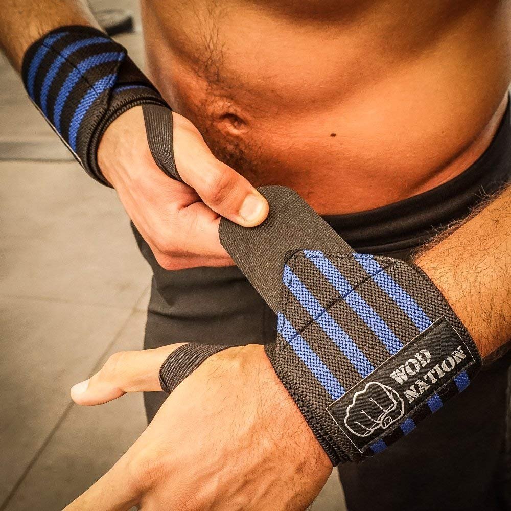 WOD Nation Wrist Wraps for Weightlifting, 12β Professional Gym Wrist Straps w/Thumb Loop Men & Women, Wrist Support Wraps for Strength Training, Powerlifting & Bodybuilding (Black/DK Blue)
