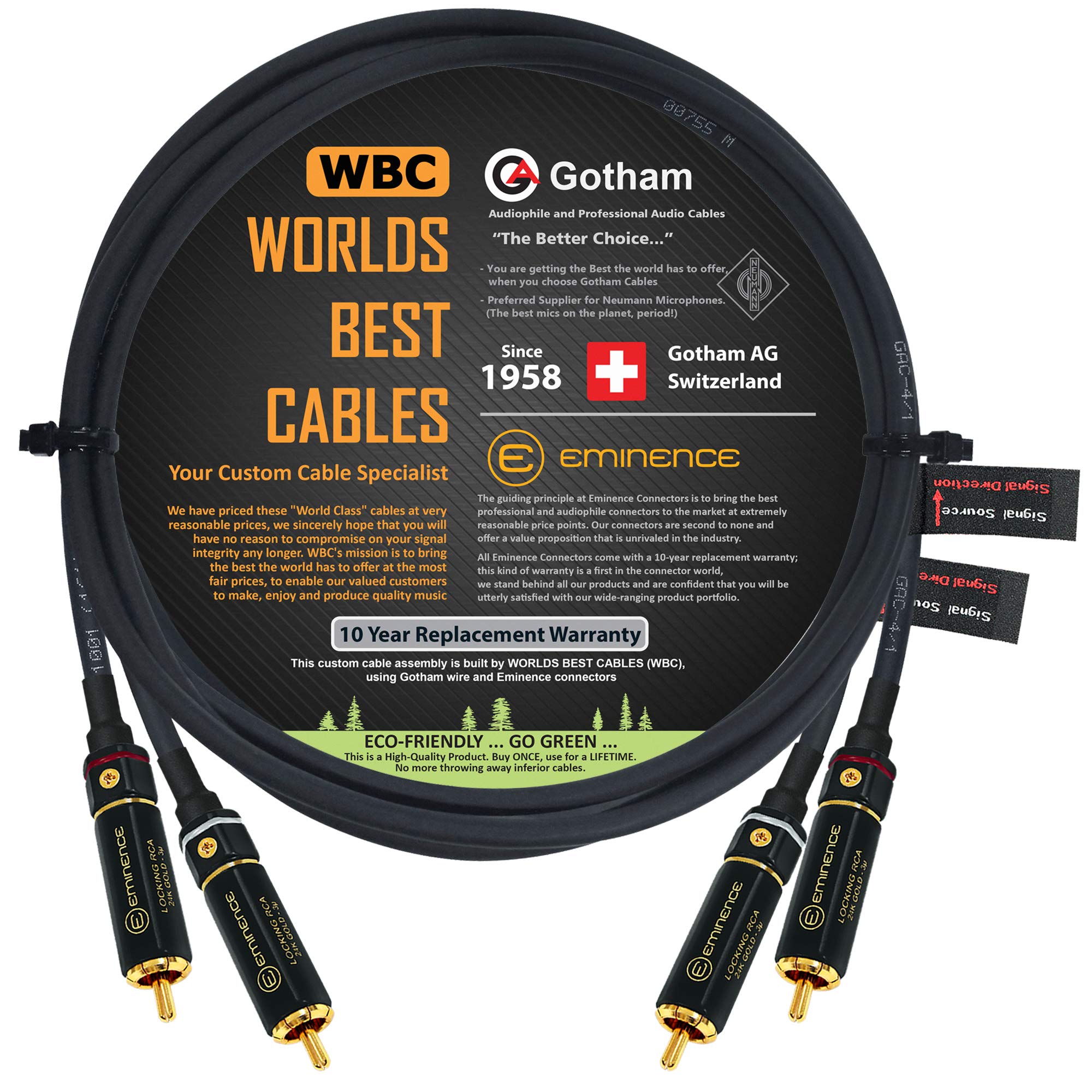 WORLDS BEST CABLES 3 Foot RCA Cable Pair - Gotham GAC-4/1 (Black) Star-Quad, Audio Interconnect Cable with Premium Gold plated Locking RCA Connectors - Directional - CUSTOM MADE