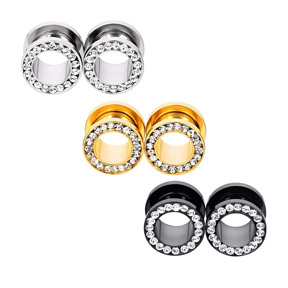 YOFANST 6pcs Stainless Steel Black Silver Rosegold Clear Crystal Gems Screw Back Ear Tunnels Gauges 00g