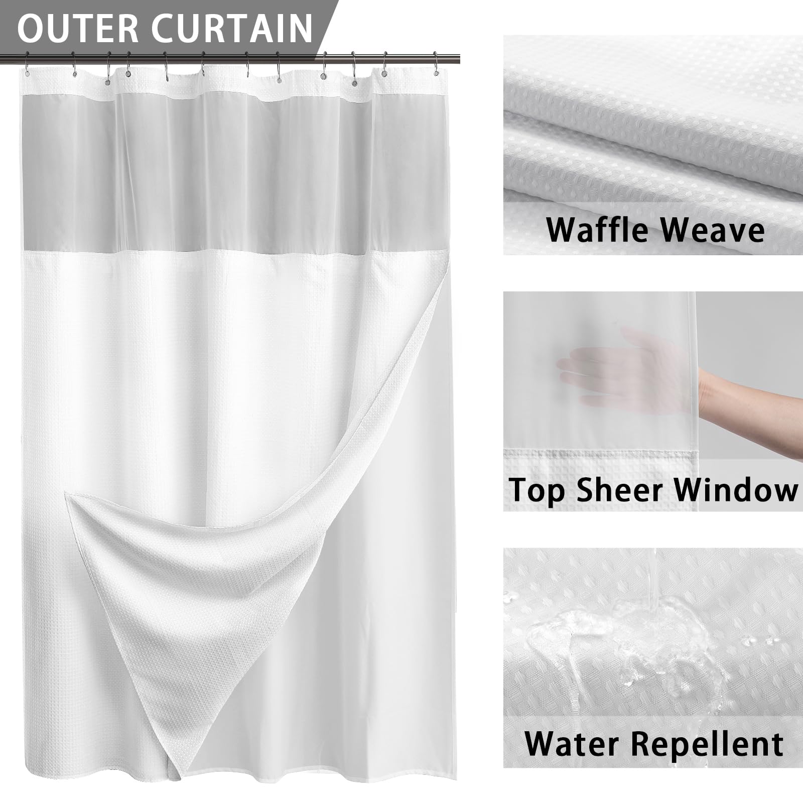 YellyHommy No Hook Shower Curtain with Snap in Liner Set White Waffle Shower Curtain for Bathroom 75" L x 78" W