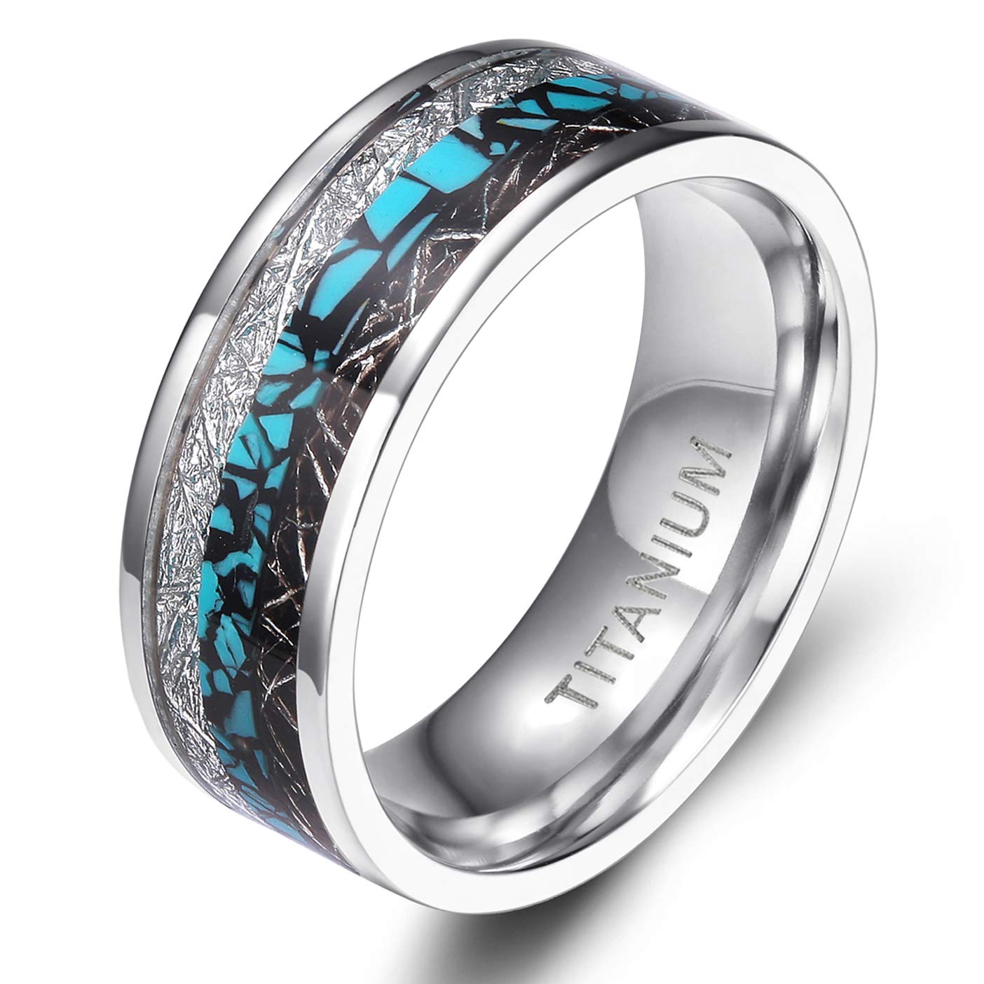 TIGRADE 6mm 8mm Titanium Rings Turquoise Imitated Meteorite Inlaid Wedding Band Size 6-12, 8mm, Size 7.5