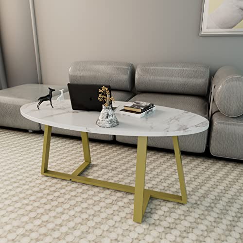 Wolawu Oval Faux Marble Coffee Table - Modern Gold Elliptic Side End Table for Living Room and Kitchen
