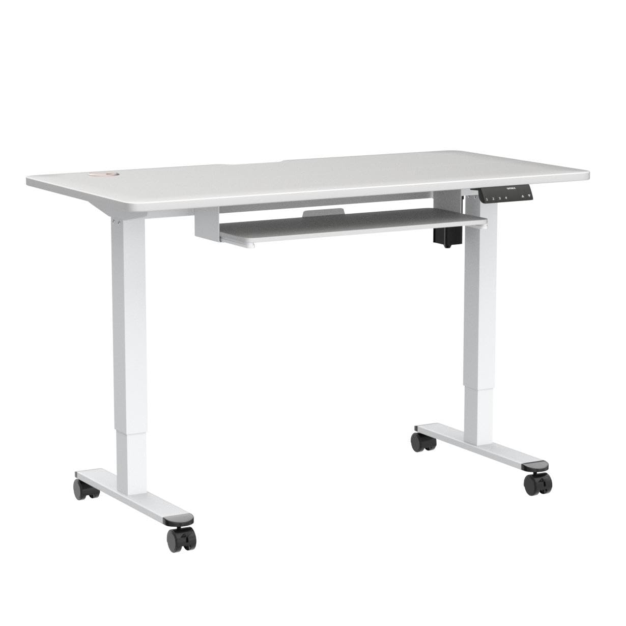 WOKA Electric Standing Desk Adjustable Height, 48 x 24 Inches Stand up Desk with Keyboard Tray, Sit Stand Desk with Memory Controller for Home Office, Motorized Desk with Splice Board, White