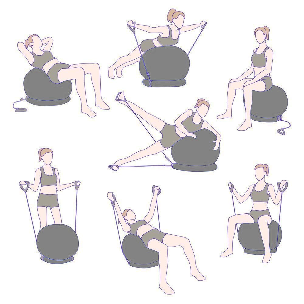 Timberbrother Exercise Ball Chair with Resistance Bands Workout Poster 16.5”x 22.4”,Stability Ball Base for Gym and Home Exercise(Blue with Ring & Bands)