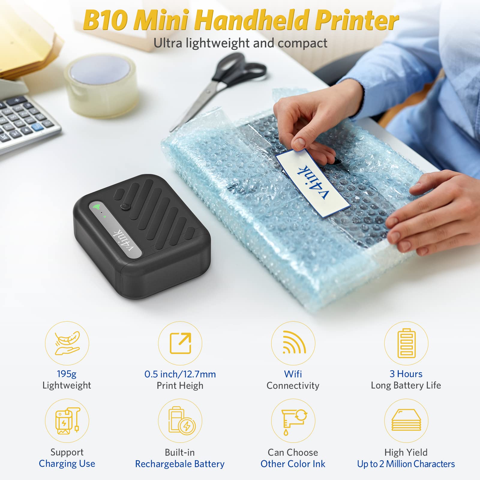 v4ink B10 Mini Handheld Printer Portable Mobile Wireless WiFi Connect with iOS/Android APP 0.09-0.5 inch Height QR-Code Picture Date DIY Logo Number Text Batch Series on All Materials