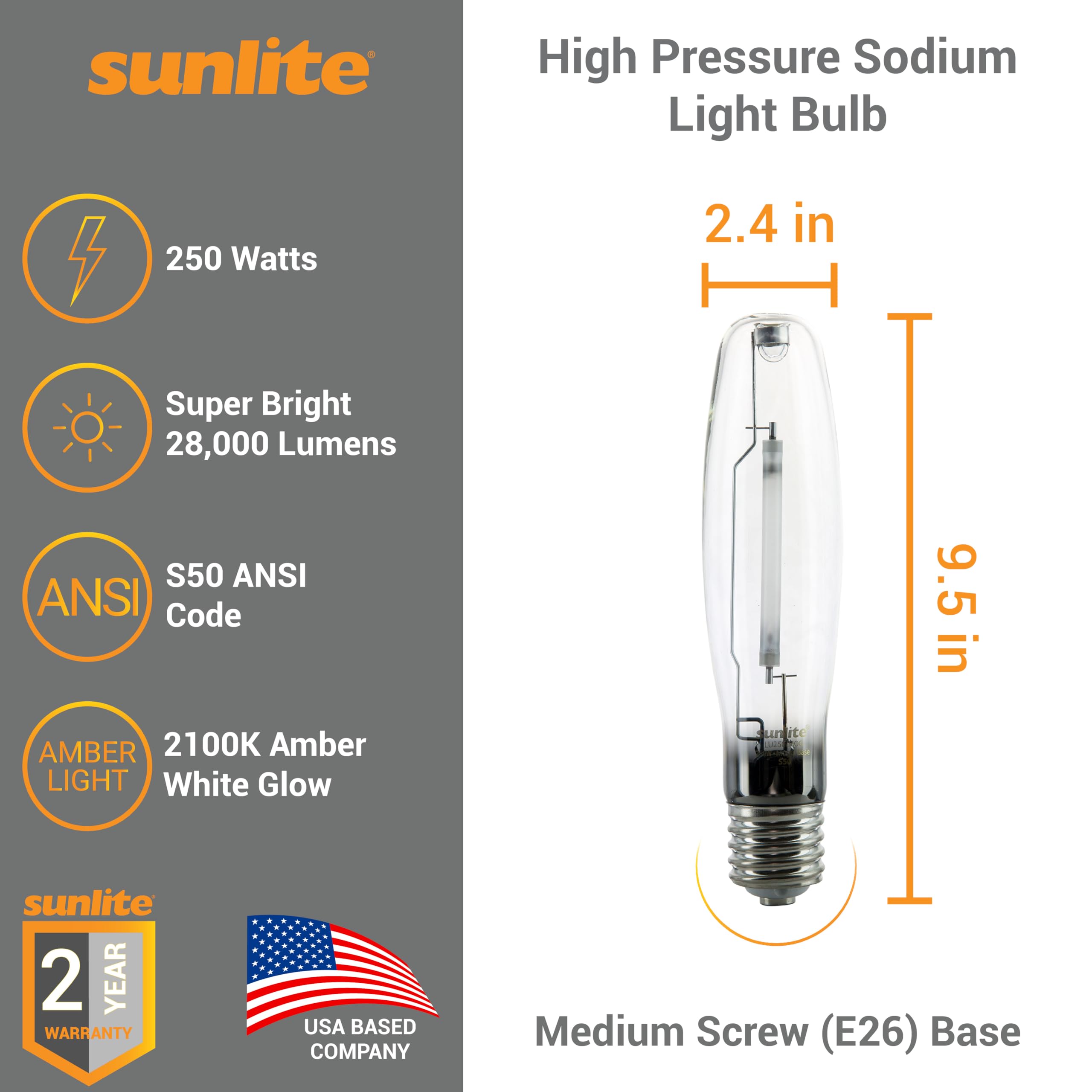 Sunlite 03634-SU LU250/MOG 250 Watt High Pressure Sodium Light Bulb, Mogul Base (E39), ANSI Code S50, 28000 Lumen, 24000 Life Hours, Clear, 2100K