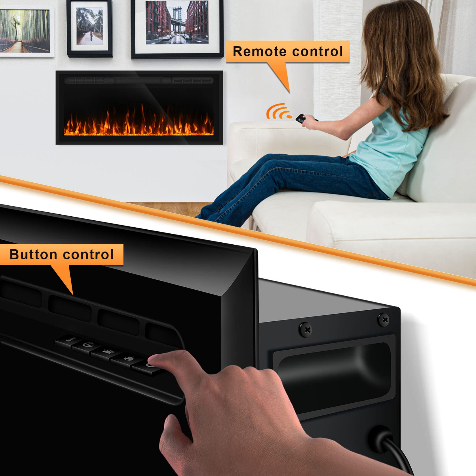 Upesitom 36" Electric Fireplace Mirrored Fireplace Heater Recessed & Wall Mounted Electric Fireplace Insert, LED Linear Fireplace with Flame Colors, Remote Control with Timer, 750/1500W