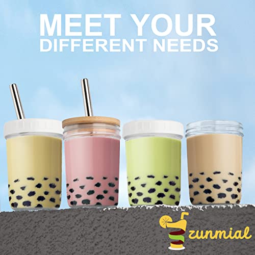 zunmial 4 Pack Smoothie Cup Boba Cup,16oz Mason Jar With Bamboo Lid and Straw, Bubble Tea Cups Mason Jar Cups