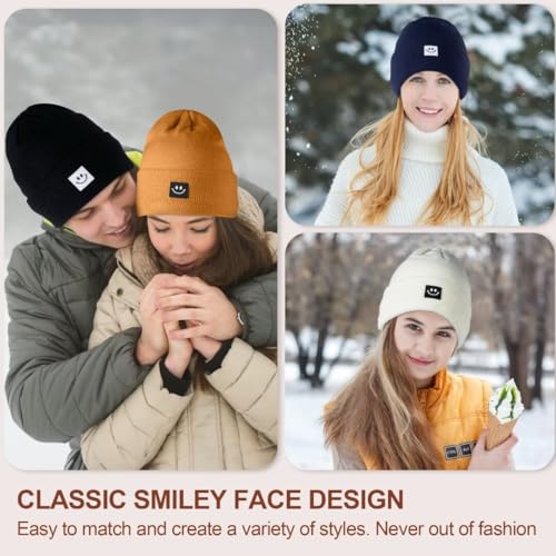 Winter Beanie Hats for Women Men 3Pack,Fleece Lined Womens Winter Hats with Smiley Face,Warm Cute Beanie for Cold Weather(Camel+Black+Black/White)