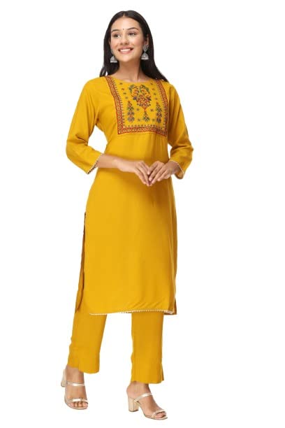 Vihaan Impex mustard yellow Embroidered Kurta Set with matching Pant for Women
