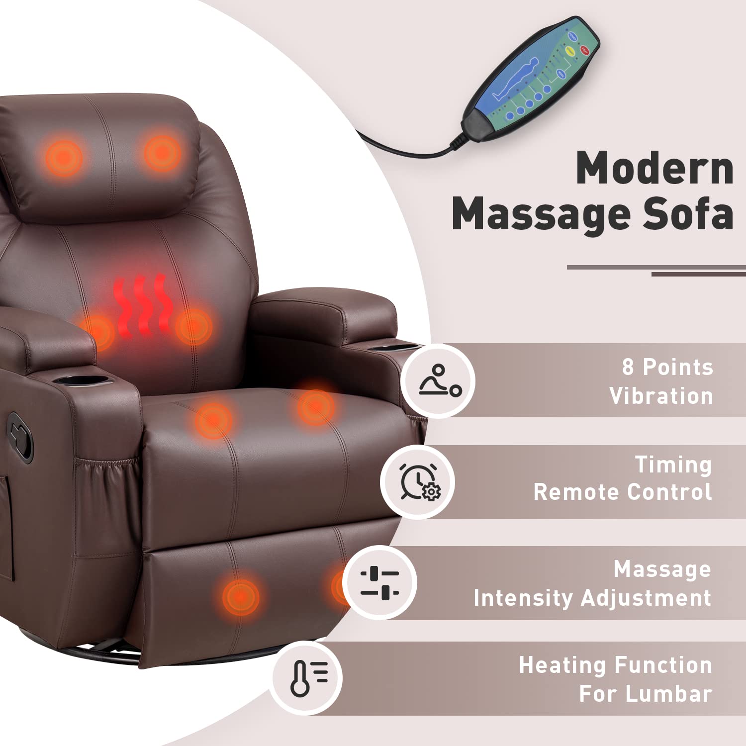 YESHOMY Swivel Rocker Recliner with Massage and Heating Functions, Sofa Chair with Remote Control and Two Cup Holders, Suitable for Living Room, PU Leather Brown