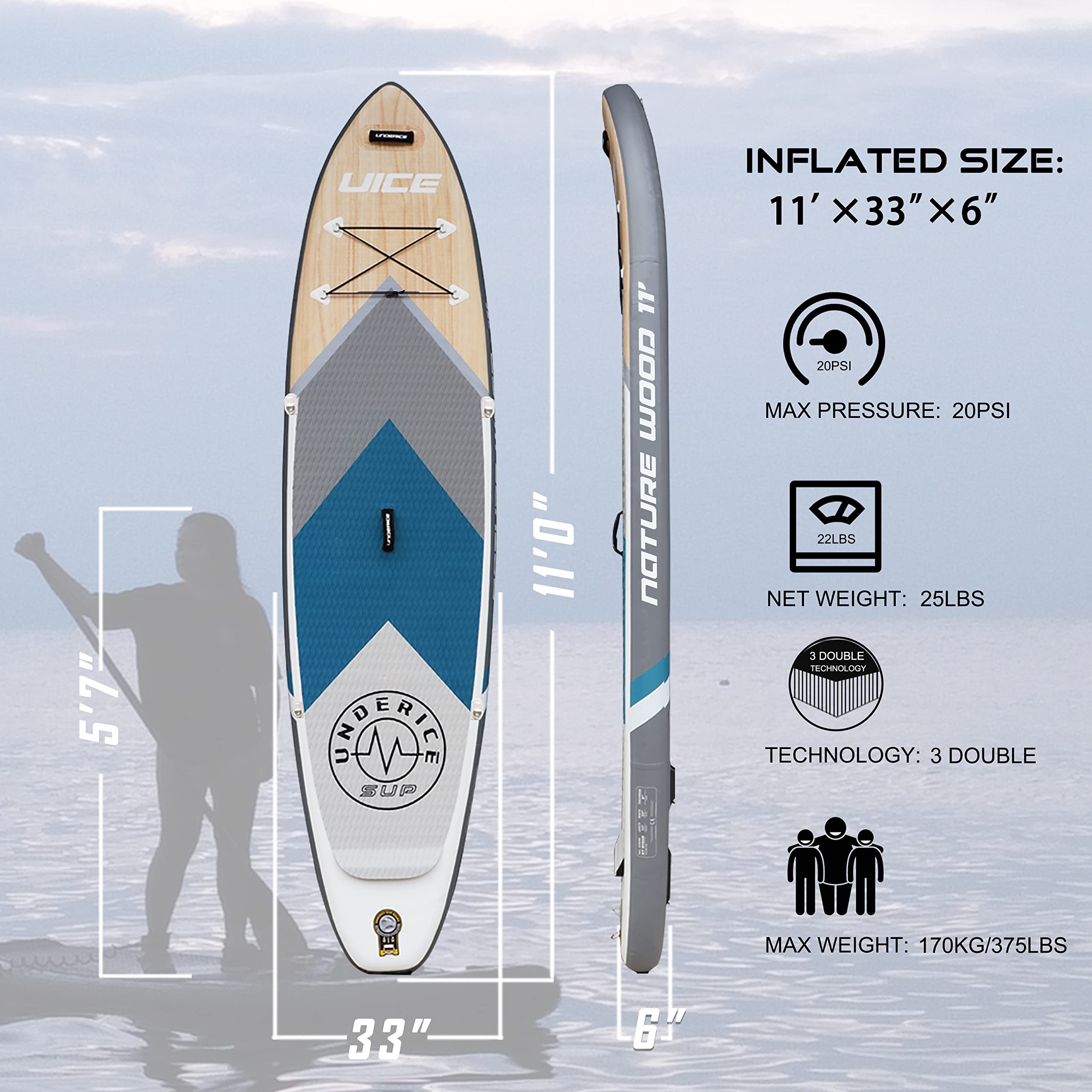 underice Inflatable Stand Up Paddle Board Grey Wood SUP 11' with Oversize Thick Backpack, 9" Smart-Clock Fins, 3-Piece Paddle, 10' Strong Safety Leash, Faster Inflate Deflate Pump