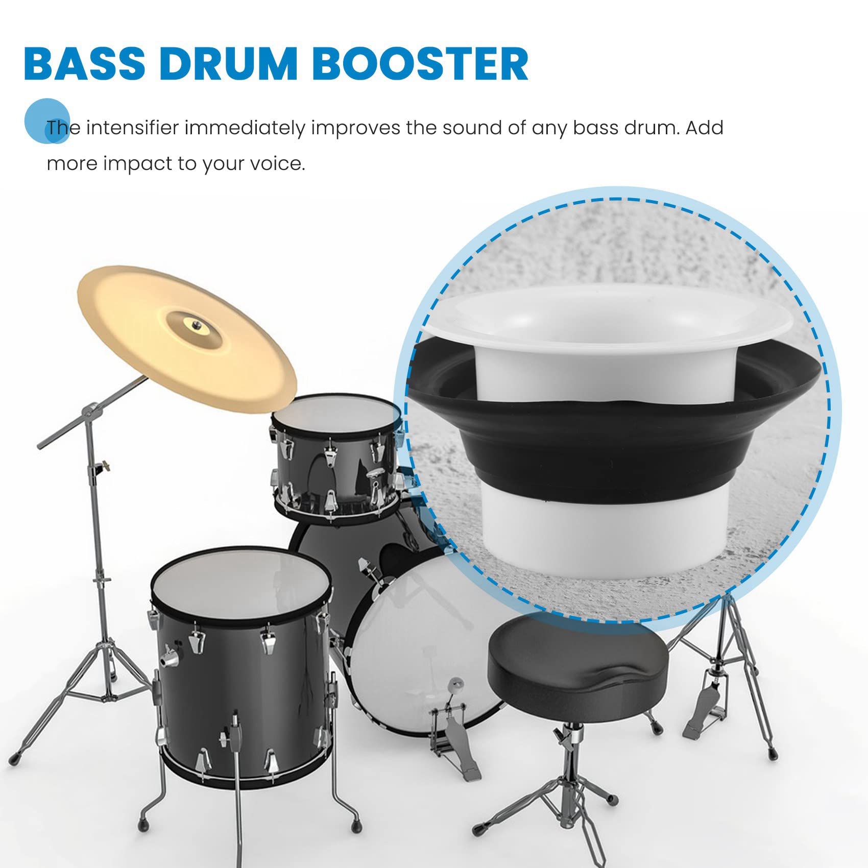 Yothfly Bass Drum Enhancer ABS Rubber Bass Drum Kick Enhancer with Black Port Hole Protector,Mic Hole Drum Head,White (500147201A1)