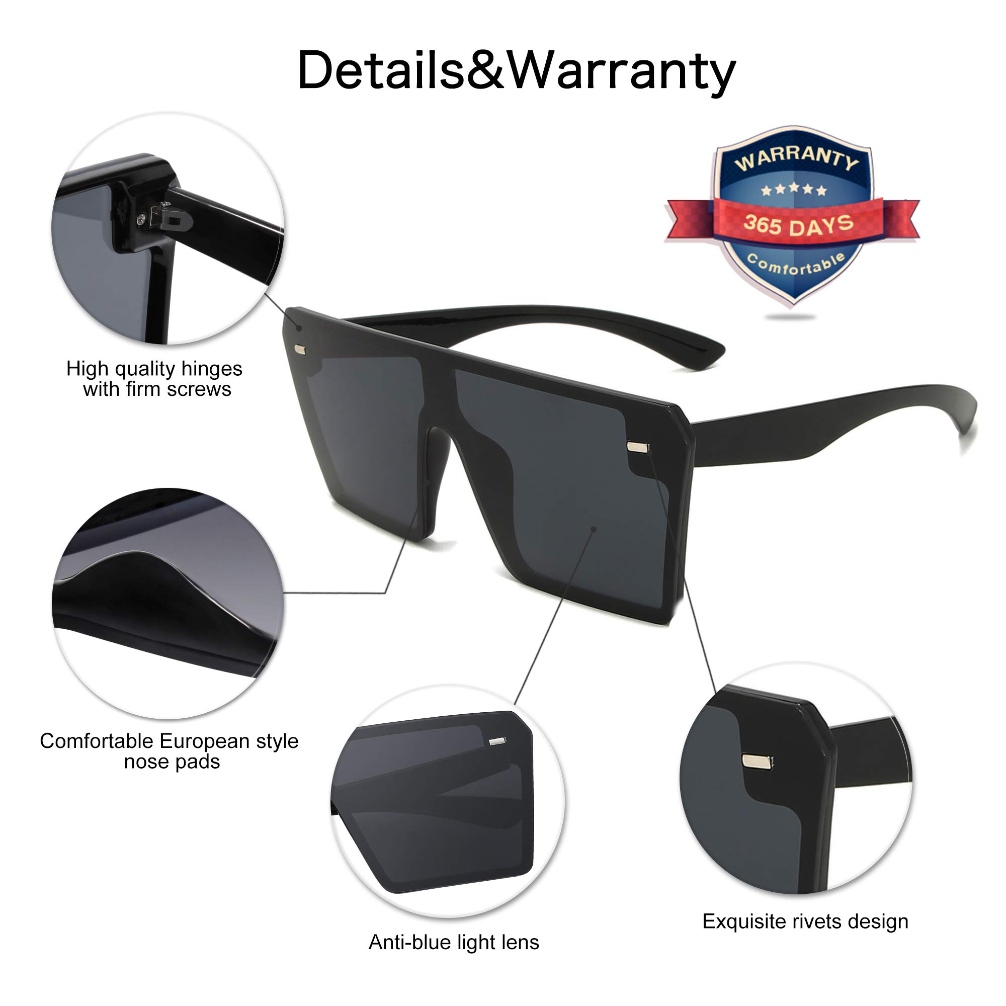 VANLINKER Flat Top Oversized Shield Sunglasses for Women Men Square Rimless Fashion Shades VL9517 With Black Frame and Silver Frame