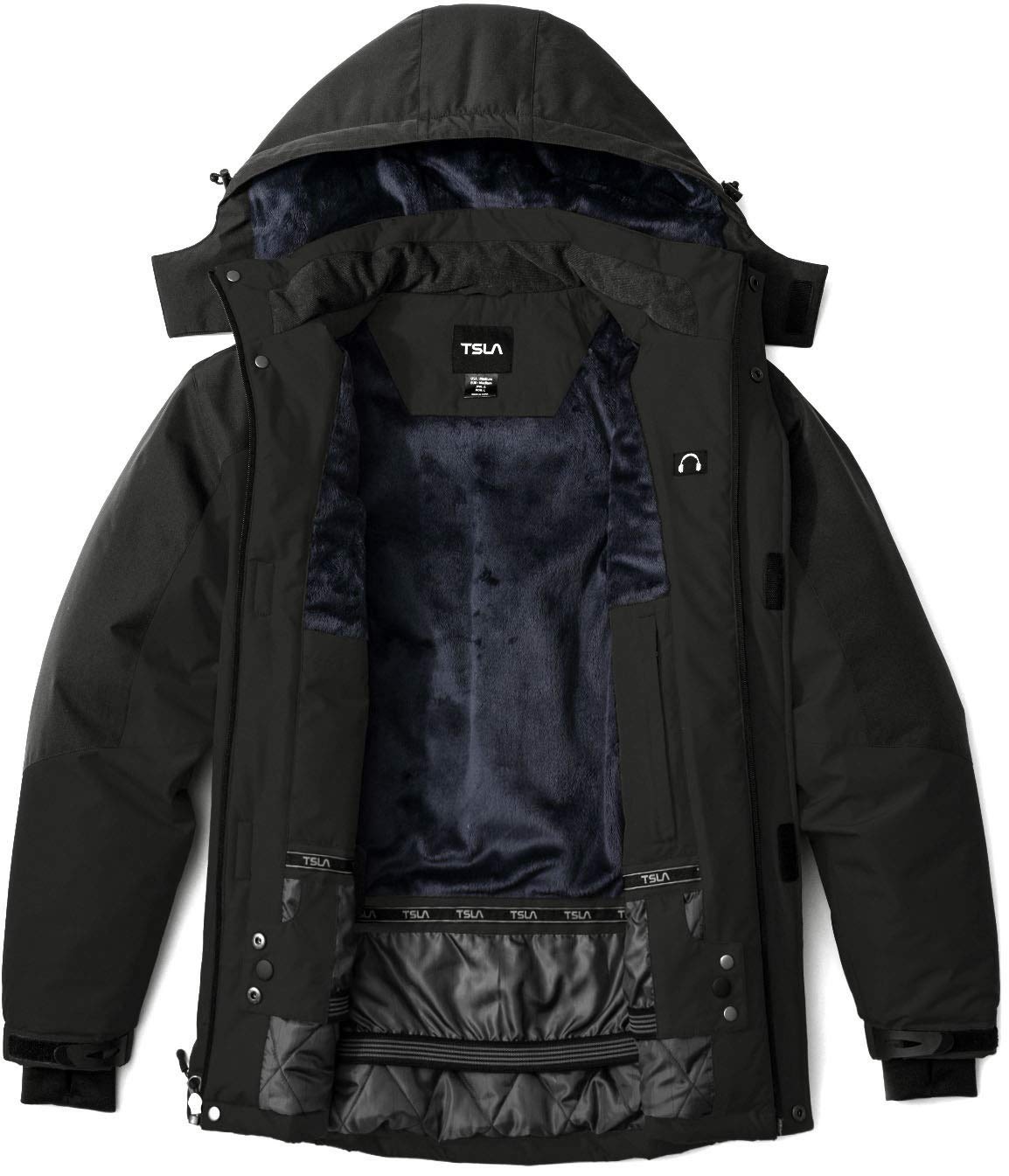 TSLA Men's Winter Ski Jacket, Waterproof Warm Insulated Snow Coats, Cold Weather Windproof Snowboard Jacket with Hood, Multipocket Ski Jacket Black, X-Large