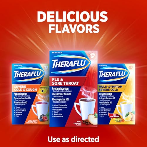 Theraflu Flu and Sore Throat Hot Liquid Powder, Apple Cinnamon Flavor, for relief from Nasal Congestion, runny nose and Headache - 6 Count Box