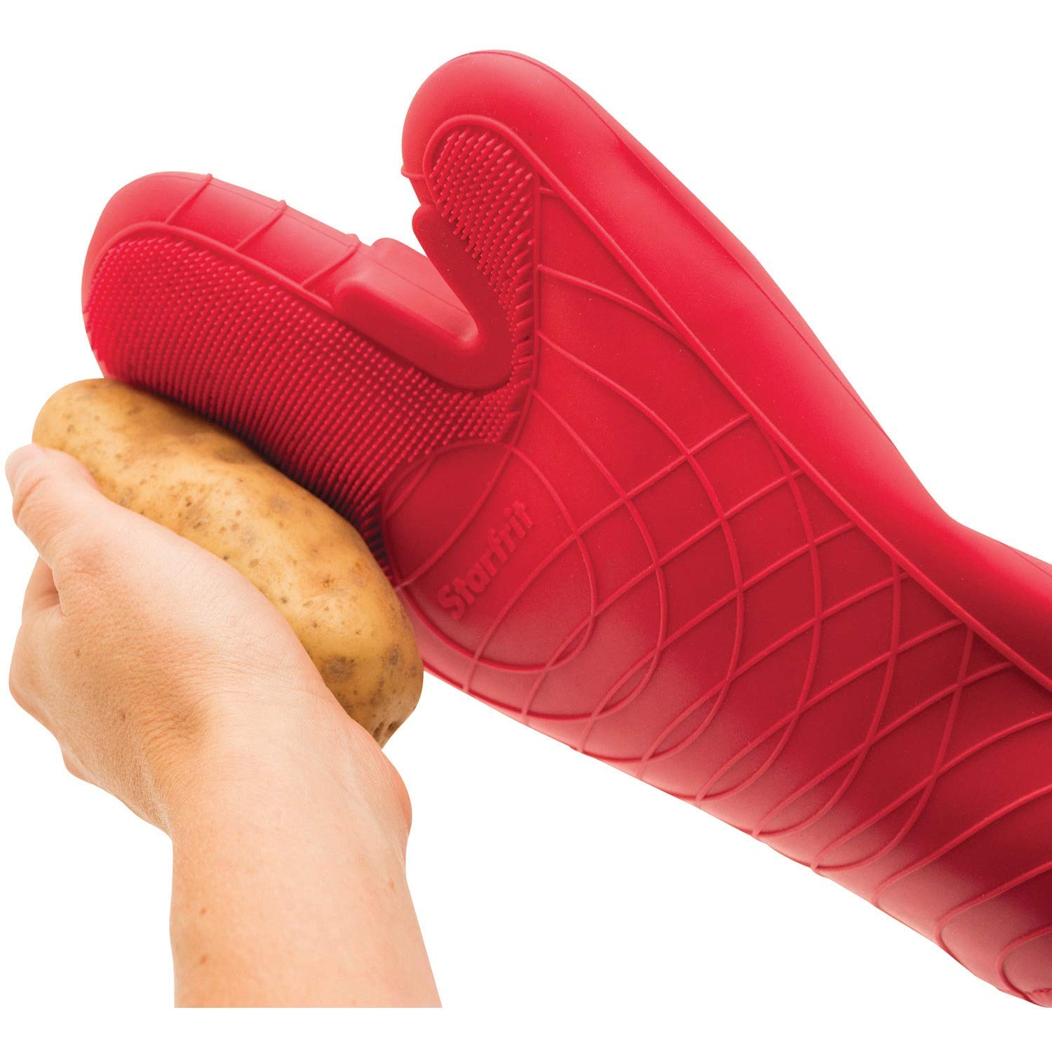 Starfrit Silicone Oven Mitt with Cleaning Bristles | Waterproof & Heat Resistant to 662 Degrees F | Features Fruit & Vegetable Bristles (2 Pack)