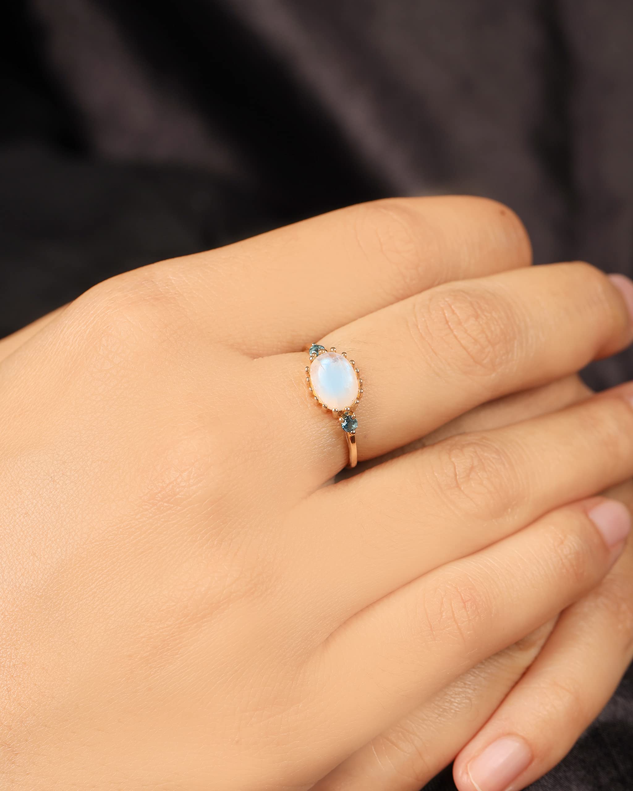 YoTreasure 2.04 Ct. Rainbow Moonstone London Blue Topaz Promise Ring 14K Yellow Gold Jewelry