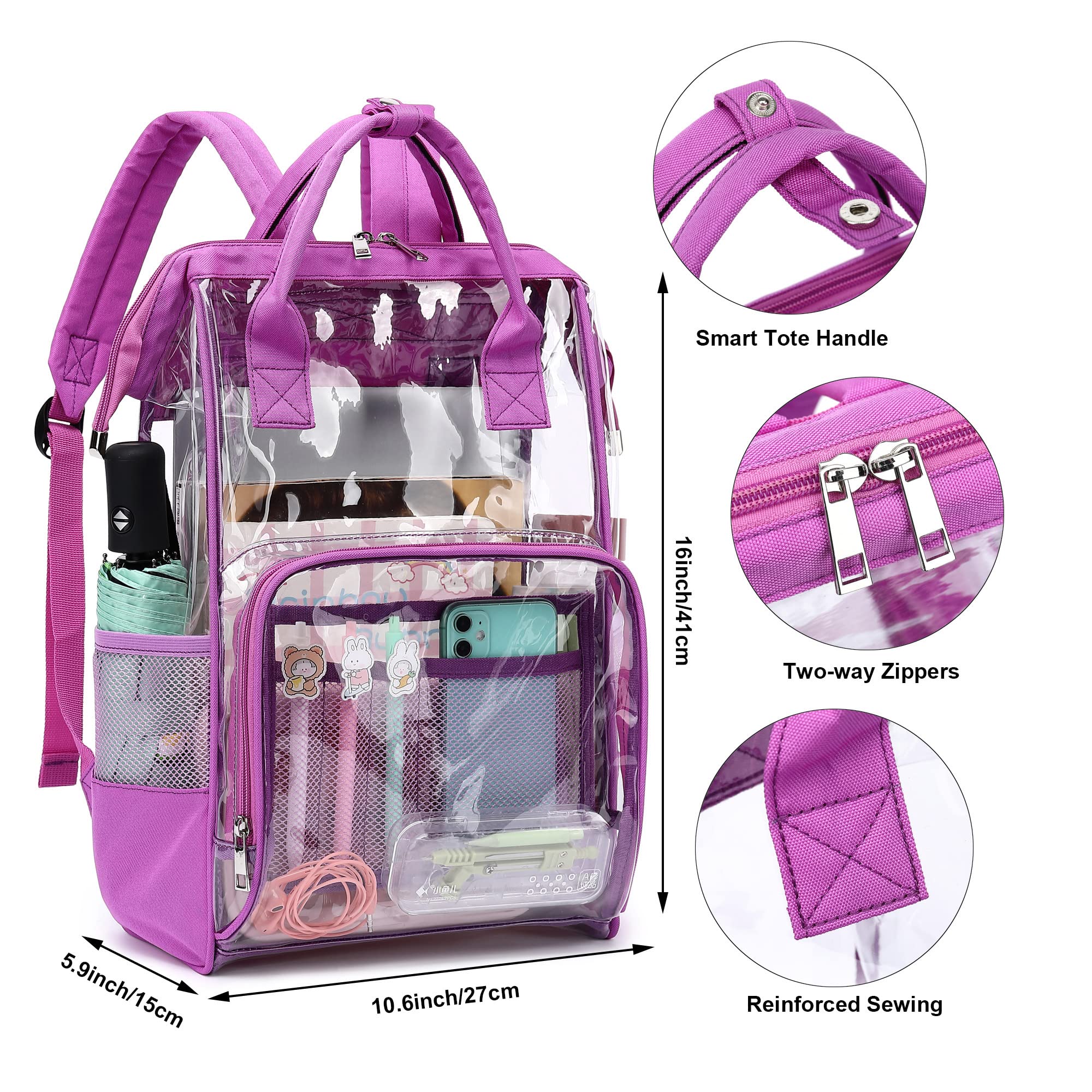 Yusudan Heavy Duty Clear Backpack for Men Women, School Bag Bookbag PVC Plastic Transparent Backpacks for Boys Girls (Purple)
