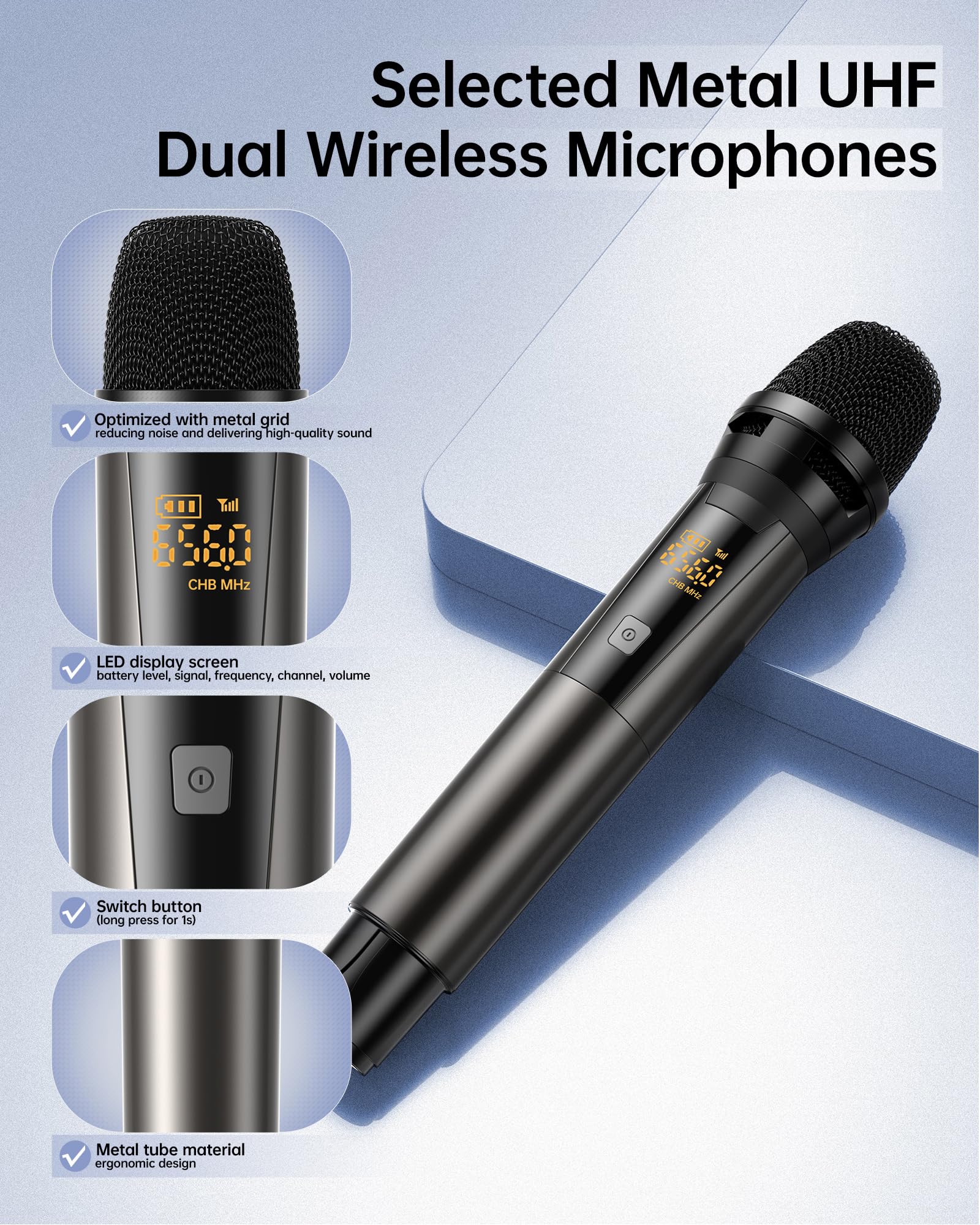 Wireless Microphone system ,UHF All-Metal Dynamic Dual Handed Wireless Microphone Rechargeable,PA System,Stable Signal Transmission 200FT, Independent Volume Control, For Speech, Singing, Church etc