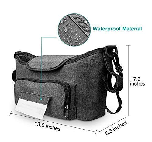Universal Baby Stroller Organizer with Two Cup Holders Inside; Unique Tissue Bag at Front, and Detachable Shoulder Strap Attached.