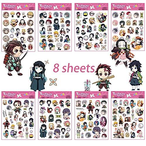 WENSHEN Anime Tattoos 8Sheet Anime Temporary Tattoo Fake Tattoos Vinyl Waterproof Party Favors for Kids Teens Adult Birthday 5.9x3.93 Inch Pack of 8