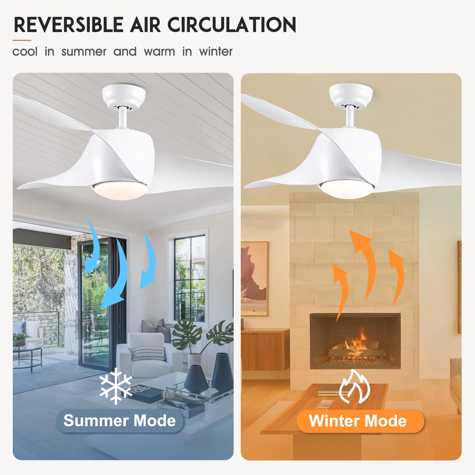 SNJ Smart Ceiling Fans with Lights and Remote, 52" White Ceiling Fan with Light, Modern Ceiling Fans with Remote/APP/Alexa Control, 3 Reversible Blades, Dimmable, Ceiling Fan for Bedroom Dining Room