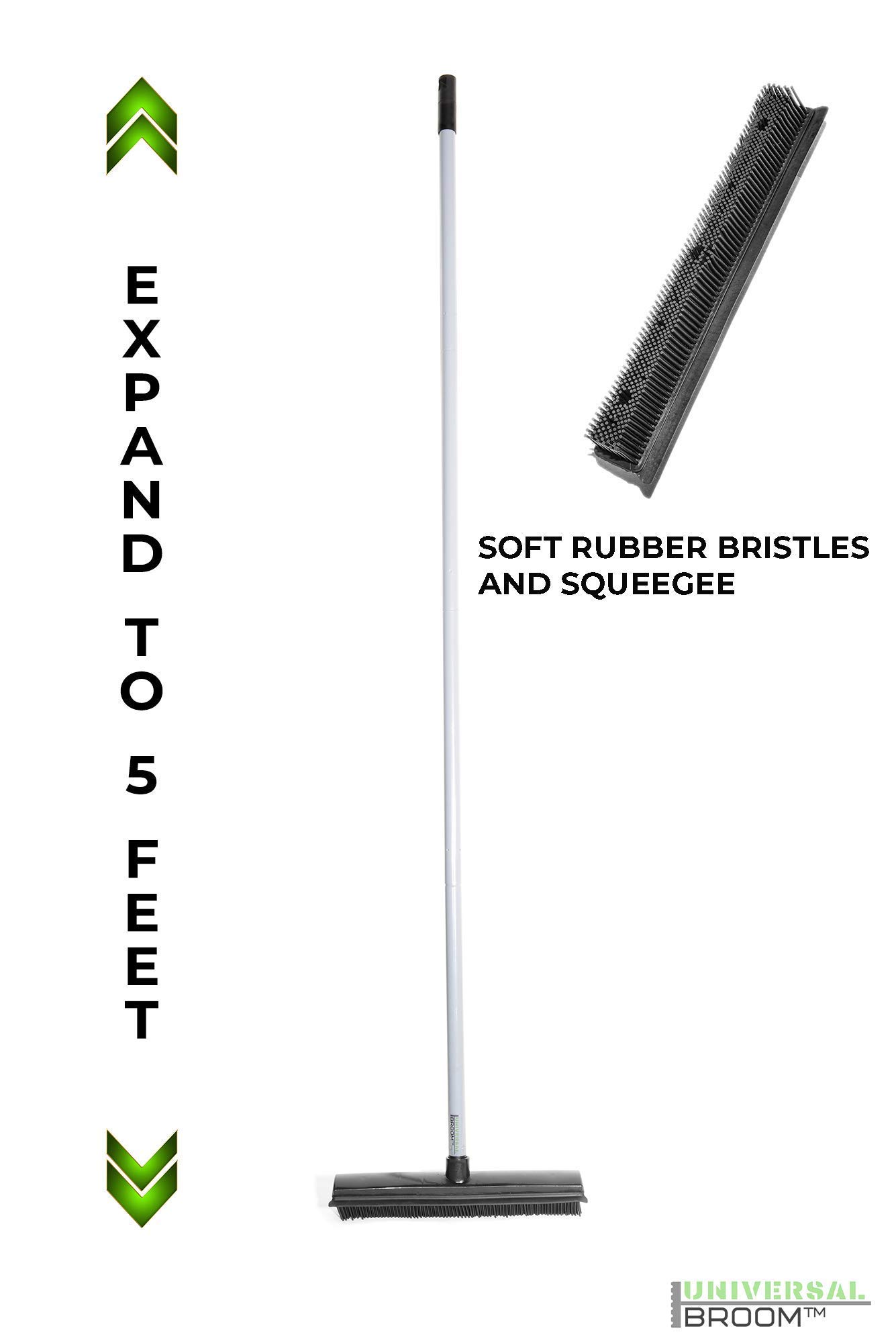 UNIVERSAL BROOM - Innovative Silicone Rubber Broom & Squeegee - Washable Broom for Pet Hair, Dirt & Spills - Carpet Rake to Fluff Carpet, Cleans Wood, Tile and Windows - Soft Rubber Bristles