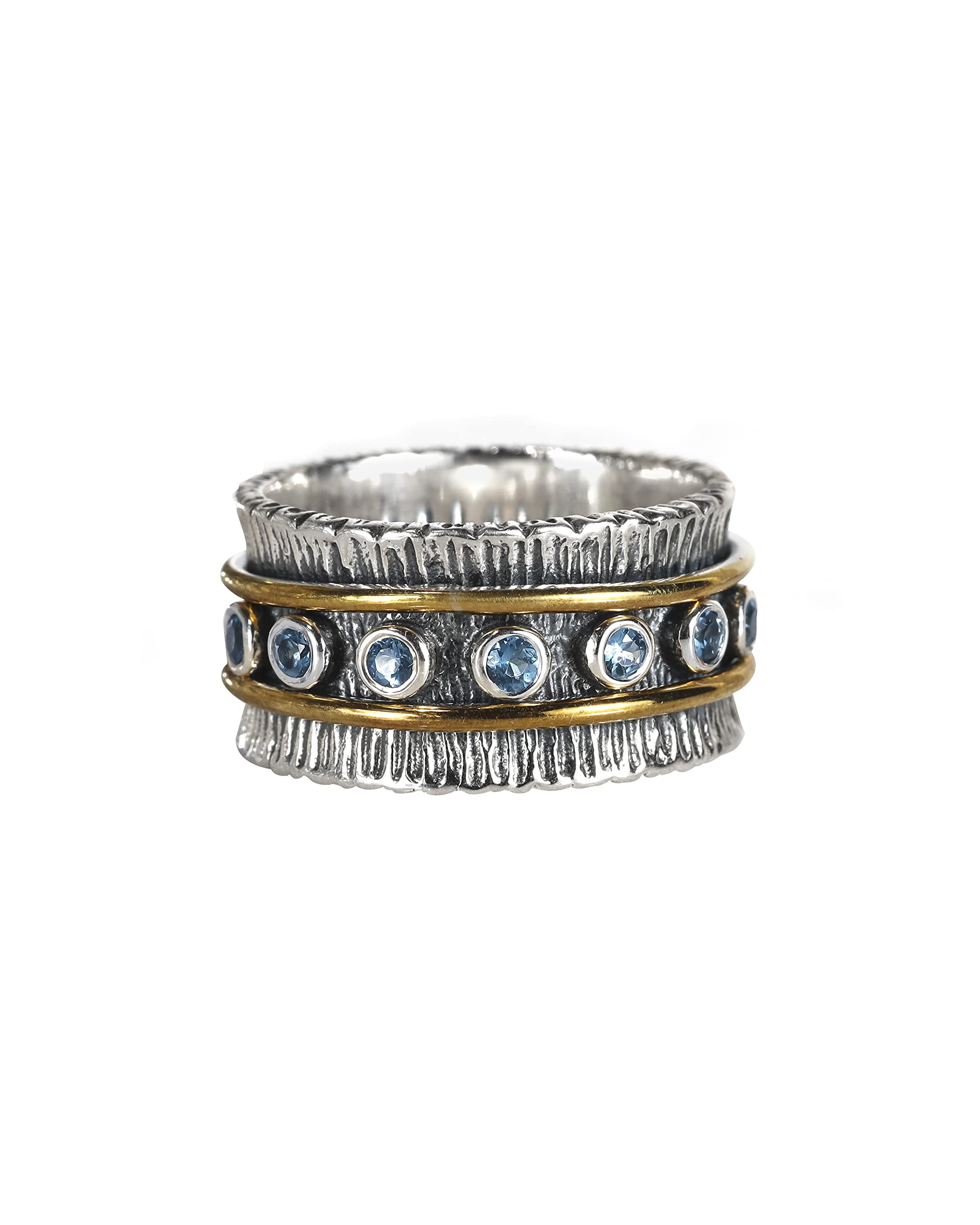 YoTreasure London Blue Topaz Oxidized 925 Sterling Silver Brass Spinner Ring