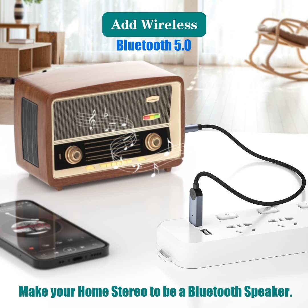 sunshot Bluetooth 5.0 Car Receiver, USB DAC Aux to Bluetooth Adapter with Built-in Microphone for Hands-Free Calls and Auto On Function, Compatible with Car Stereos & Home Audio - Upgrade Your Sound!