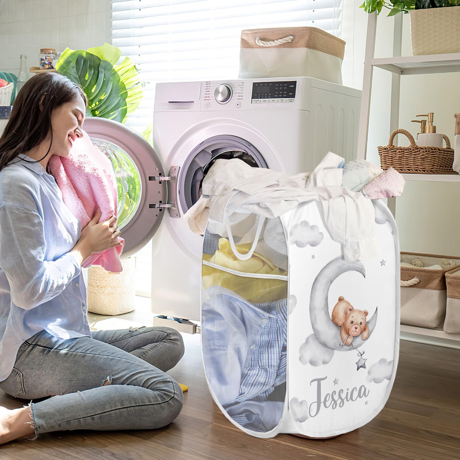 Teddy Bears Moon Clouds Stars Personalized Foldable Laundry Baskets Custom Toy Bag Storage Bag with Handle Customize Mesh Hamper Suitable for Bedroom or Bathroom