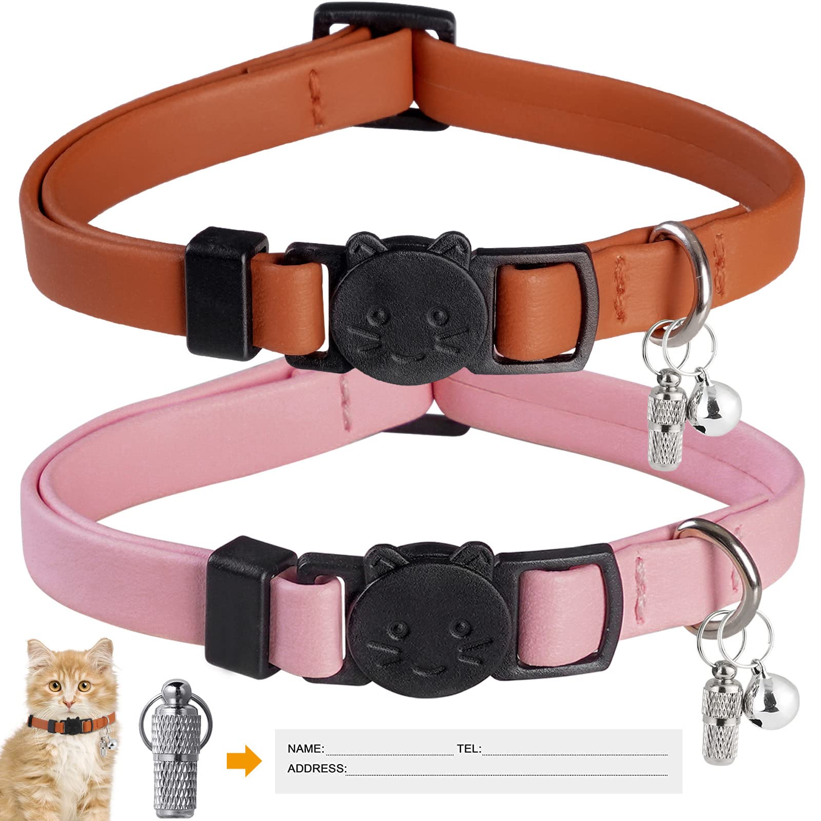 WROSWT Upgrade Breakaway Cat Collar with Bells, Soft Leather Kitten Collars with Name Tag,Safety Adjustable Buckle,Lightweight,Ideal for Girl Boy Cats,Puppies,2 Pack (Pink+Orange)