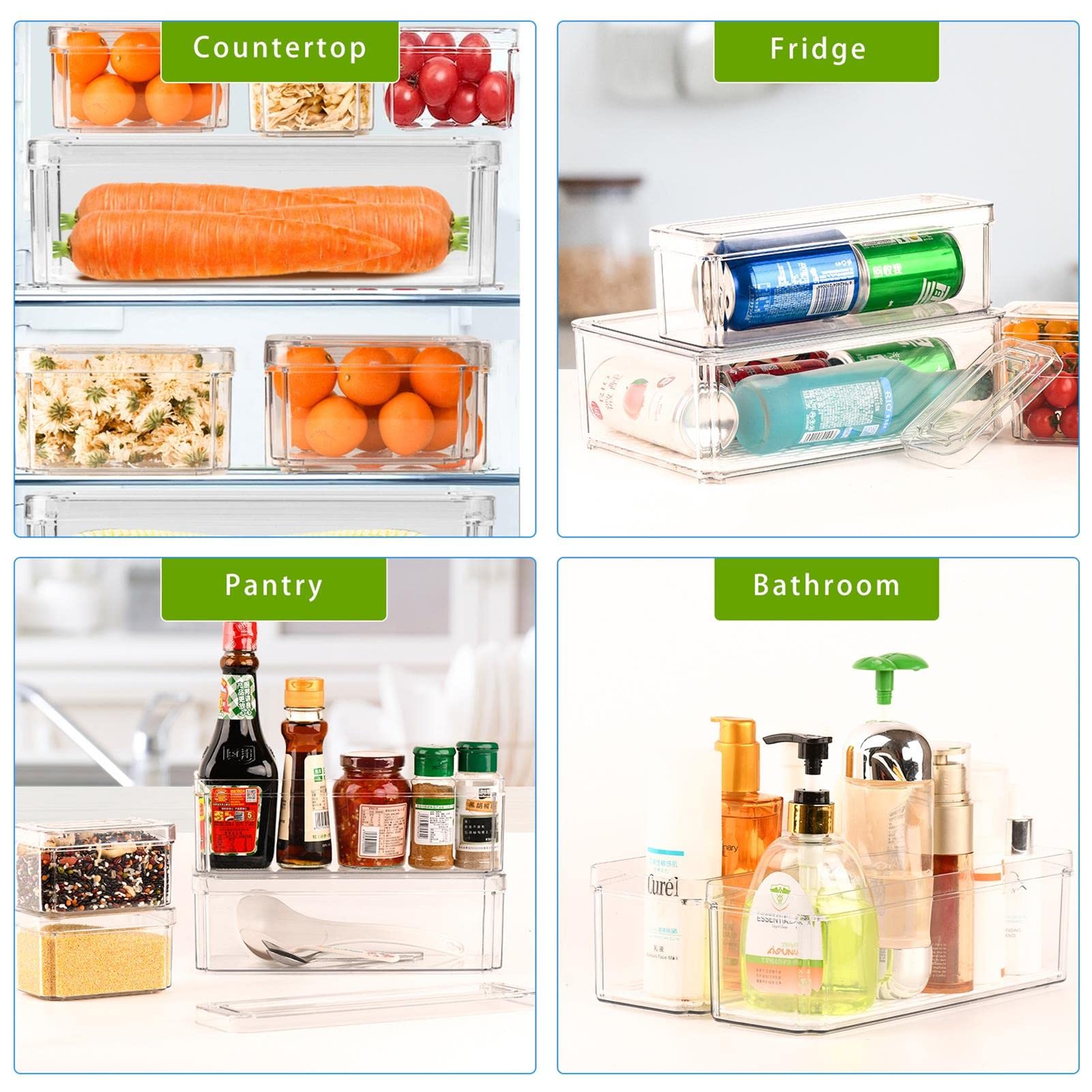 Yustuf 10-pack Stackable Refrigerator Organizer Bins with 6 Liners, Fridge Organizers and Storage Clear with Lids Plastic Fruit Vegetable Storage Containers with 5pcs Sealing Clips