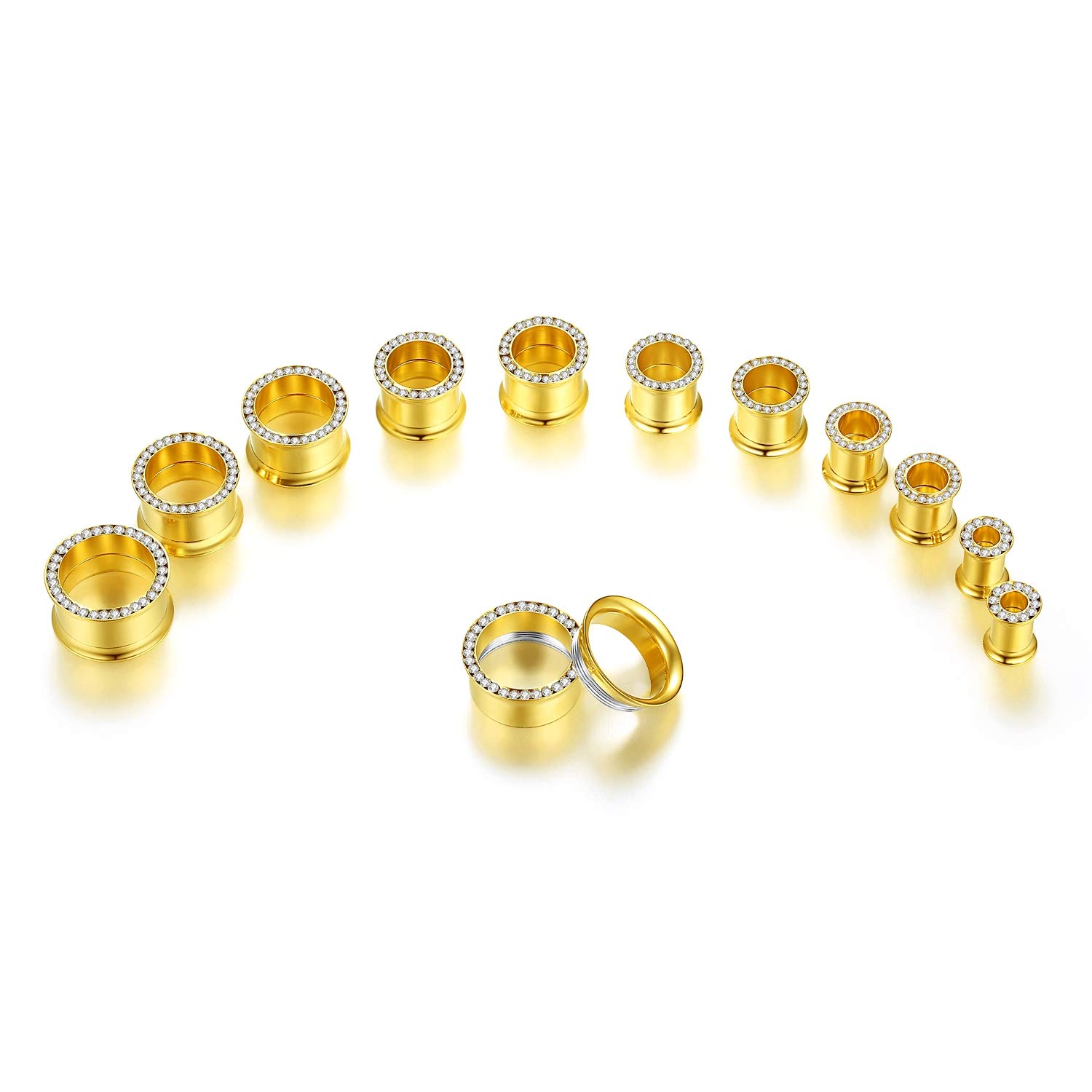 WBRWP 2pcs Hollow Gold Stainless Steel with Zircon Screw Ear Plugs Tunnels - Ear Expander - Ear Gauges Stretcher Body Piercing Jewelry 0g(8mm)